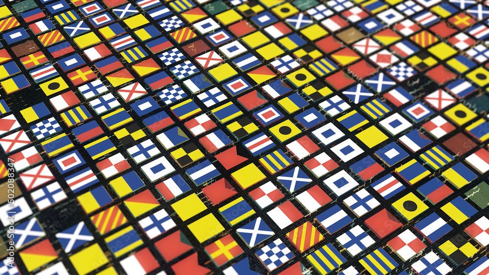 Abstract rows of flags of different countries flowing on black ...