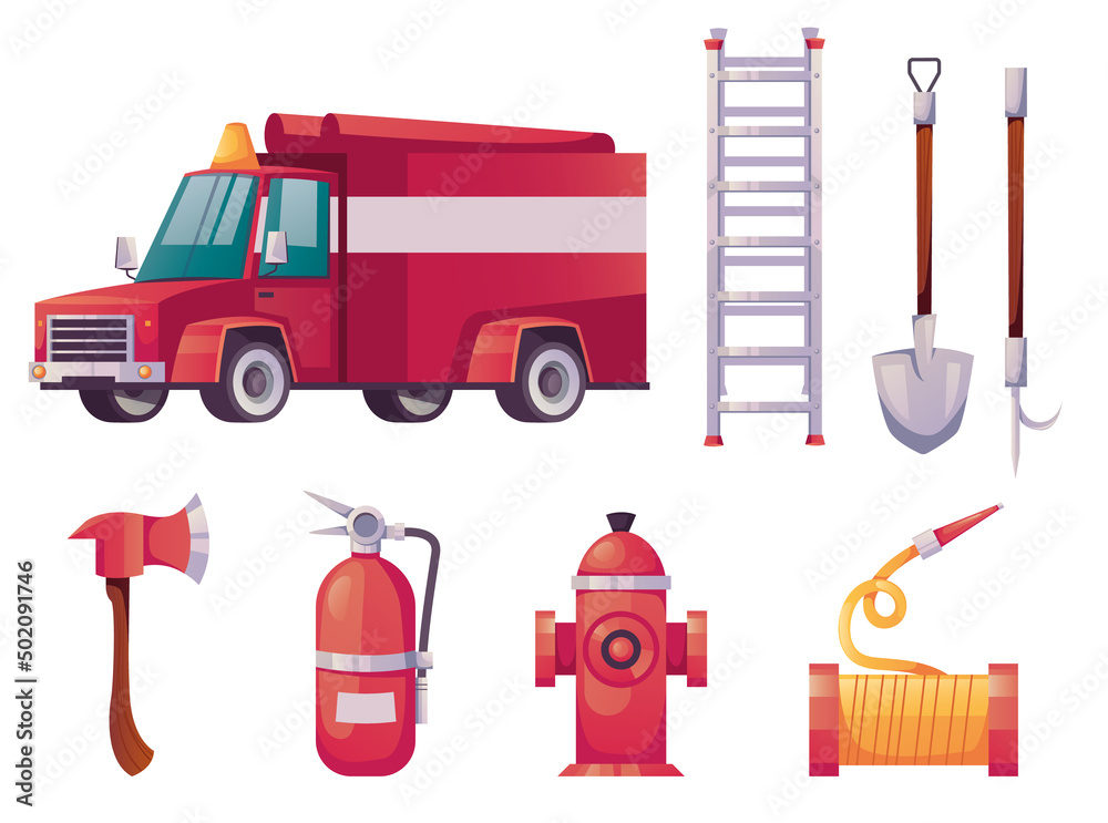 Firefighter work tools stuff isolated set collection. Vector flat ...