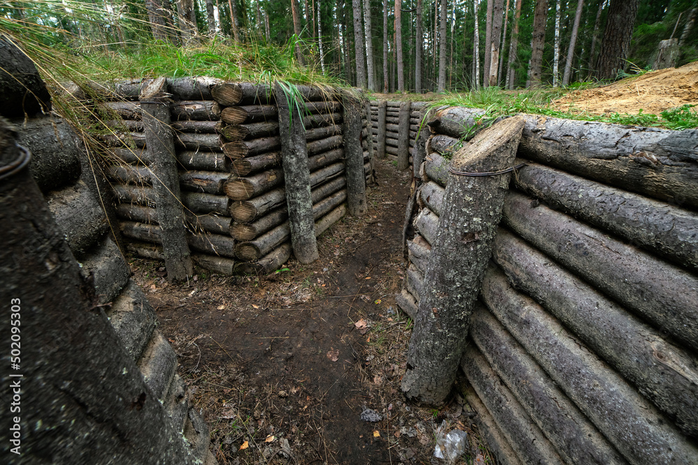 Wooden defensive structures in the forest. Trenches lined with wood ...