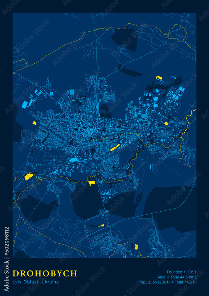 Town Drohobych Lviv Oblast Ukraine Vector Poster Highly Detailed Map In ...