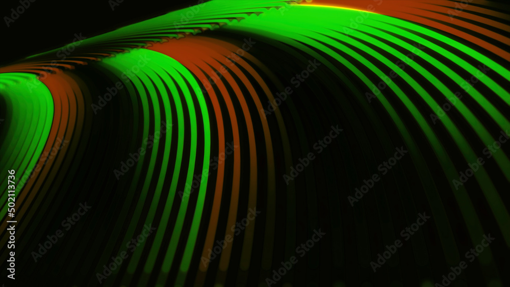Abstract 3D rainbow-shaped elegant lines moving fast on black ...