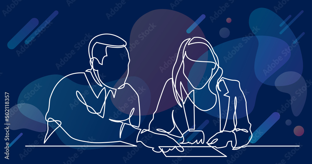 continuous line drawing of man instructing woman on work place Stock ...