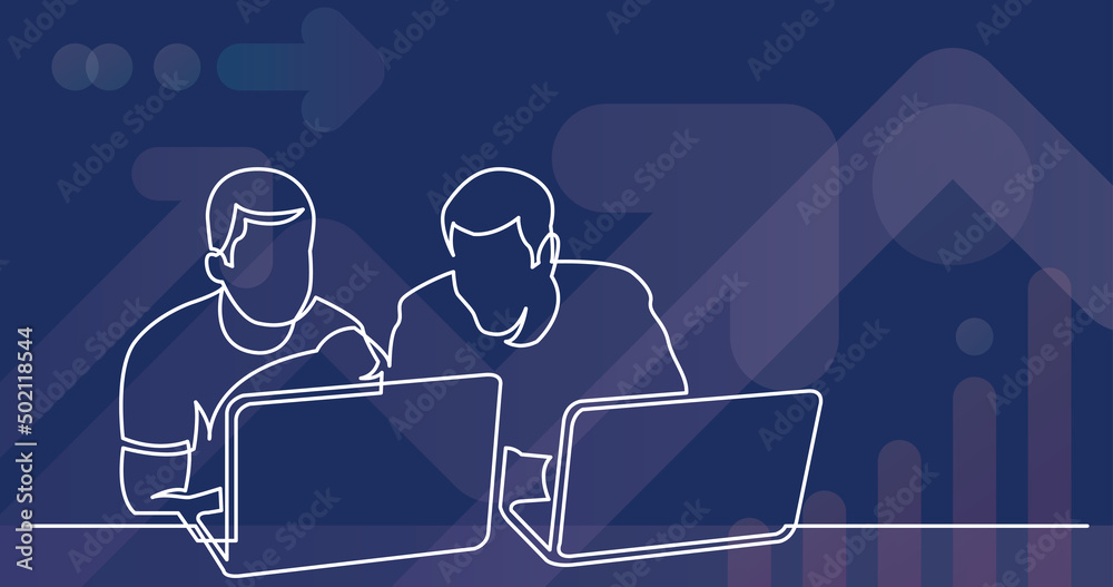 continuous line drawing of two men sitting and talking with laptop ...