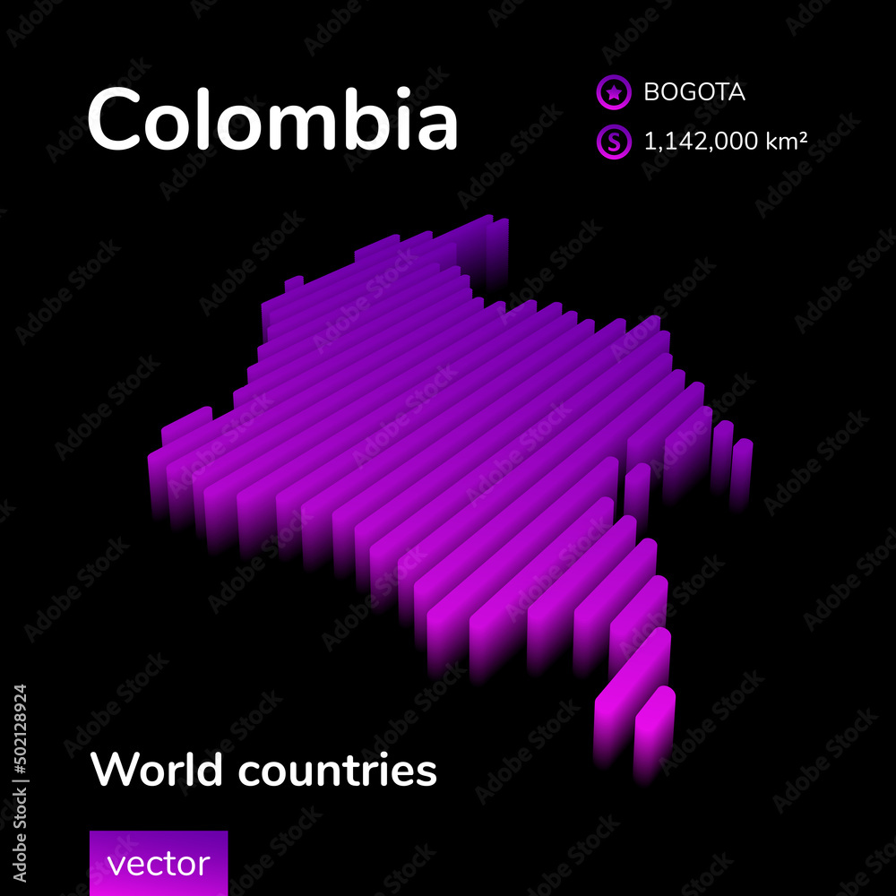 Colombia 3d map. Stylized izometric vector 3d map in neon violet colors ...