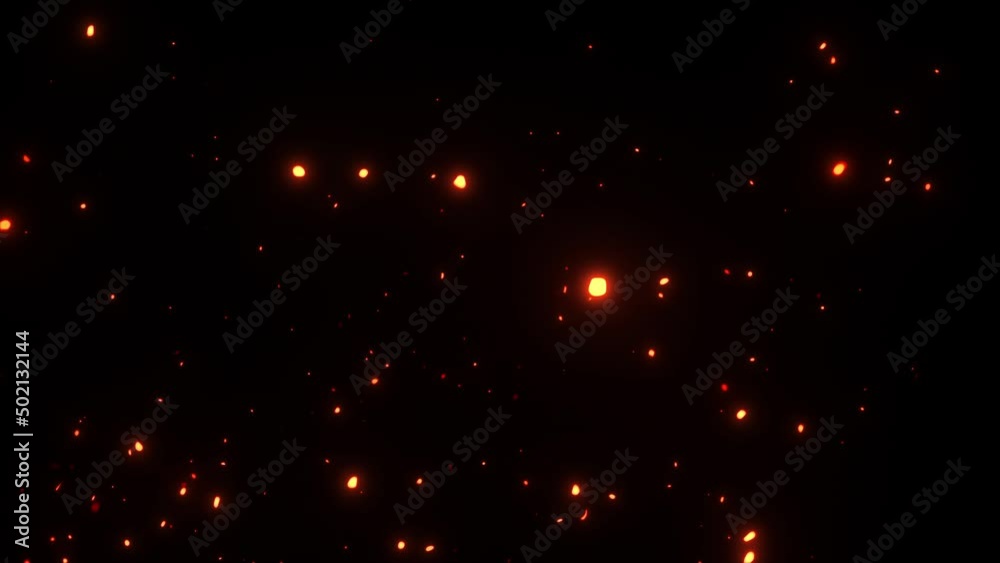 Fire particles sparks rising up flow from bottom to top on black background used for overlay for ...