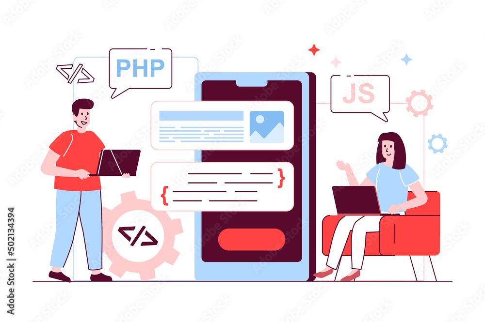 App development concept in flat line design. Man and woman developers create applications, code ...