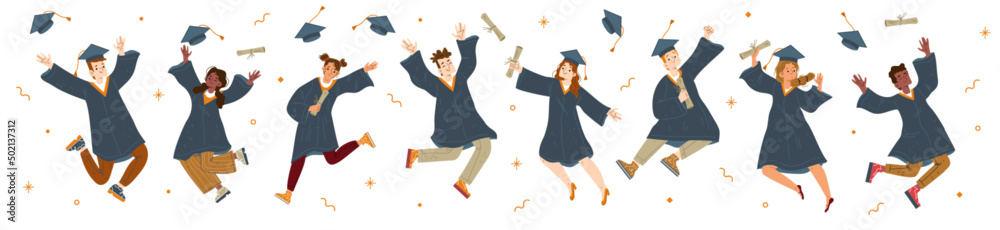 Student graduate jump, characters in gowns and academic caps rejoice ...