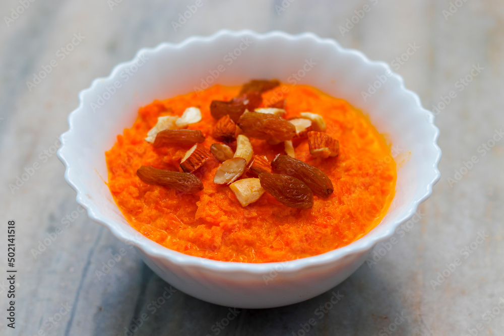 famous Indian dish "Gajar Ka Halwa" is made of carrots. Stock Photo ...