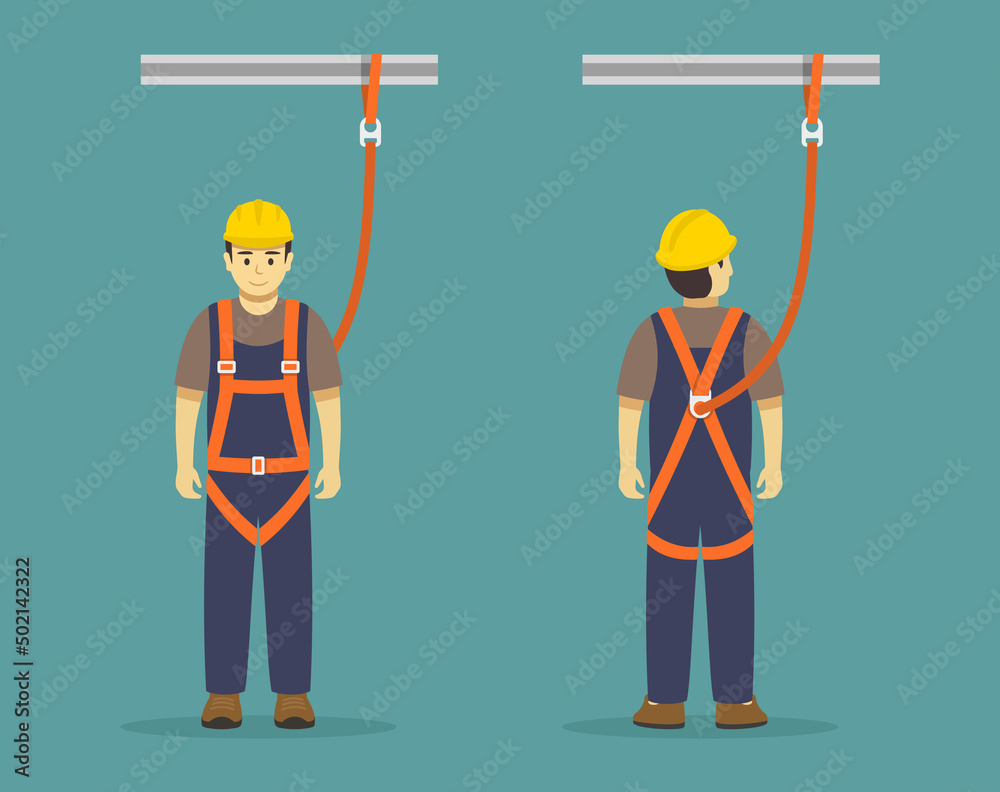 Isolated construction worker wearing safety harness. Using personal ...