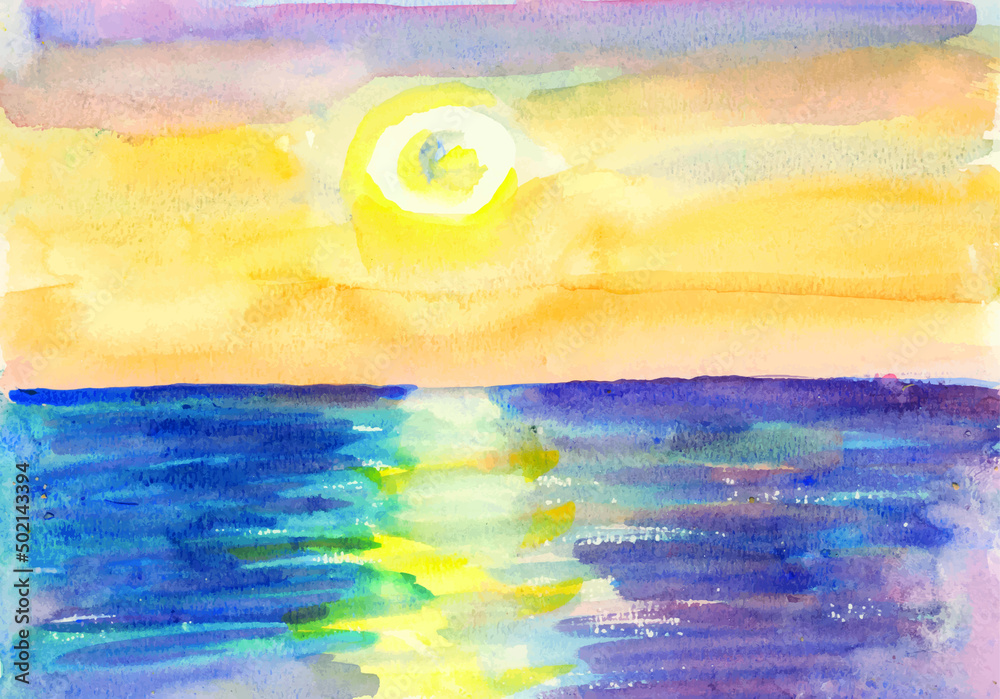 Solar reflection on the sea surface of water Seascape watercolor vector ...
