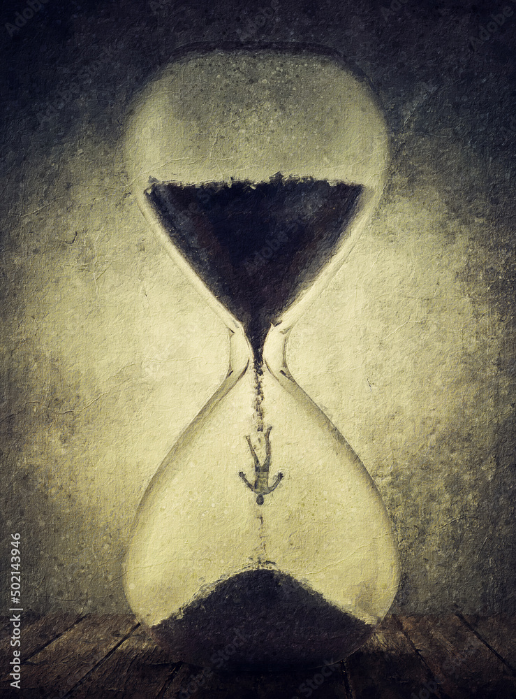 Irreversible time passing concept. Surreal painting with a tiny person ...