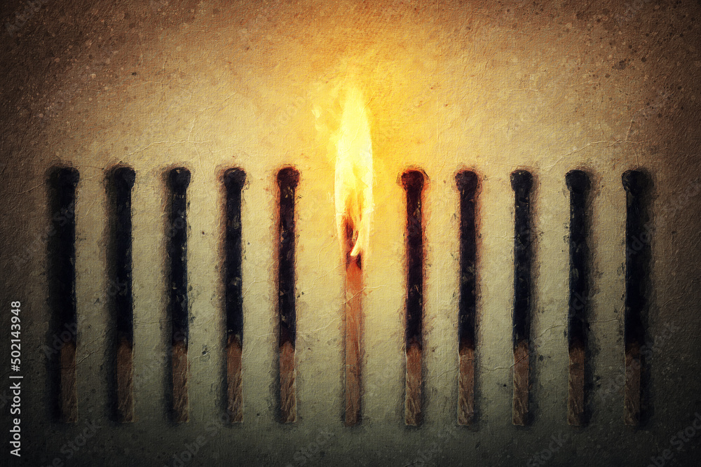 Conceptual painting with a burning match among multiple burnt ...