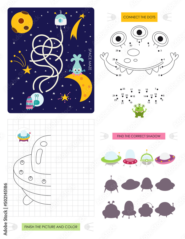 Space Activity pages for kids. Printable activity sheet with mini games ...