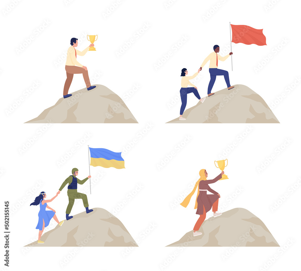 Goals setting and achievement semi flat color vector character set ...