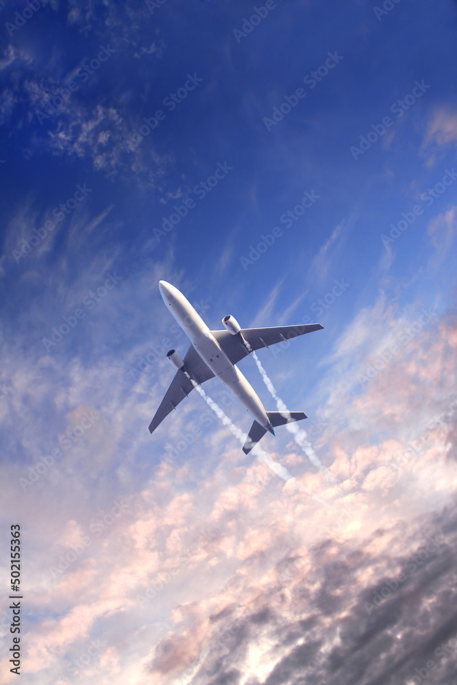 Vertical nature background with aircraft and Jet trailing smoke in ...
