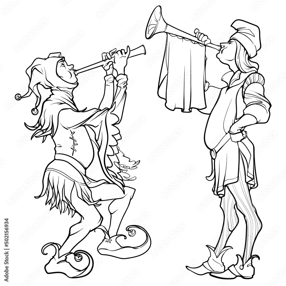 Herald and jester playing flute and trumpet. Medieval gothic style ...
