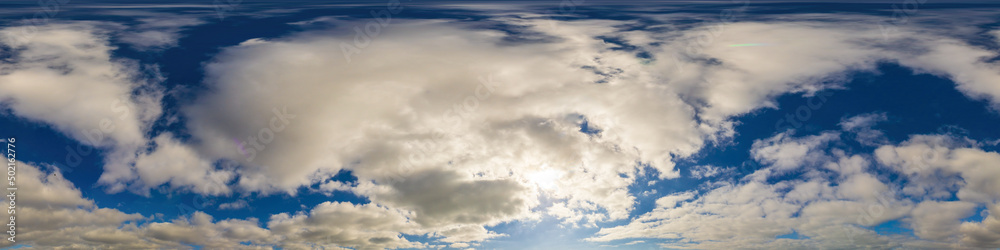 Blue sky panorama with puffy Cumulus clouds. Seamless hdr pano in ...