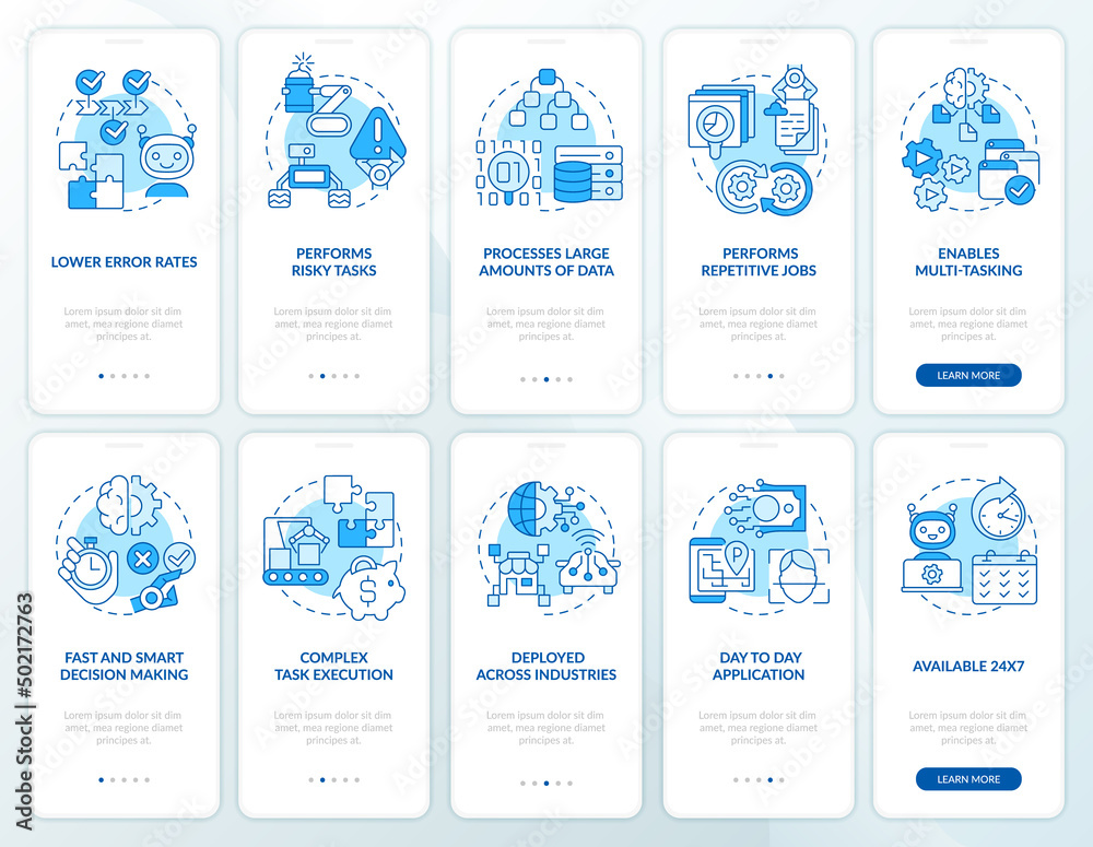 Artificial Intelligence Blue Onboarding Mobile App Screen Set Advantages Walkthrough 5 Steps