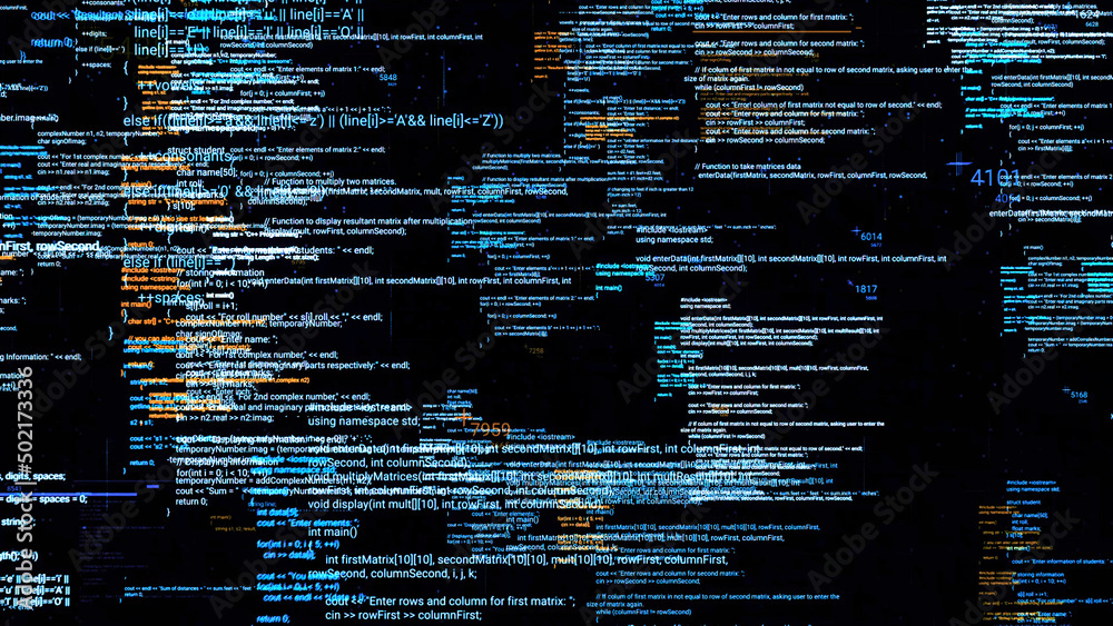 Page with source codes on black background. Animation. Overlapping ...