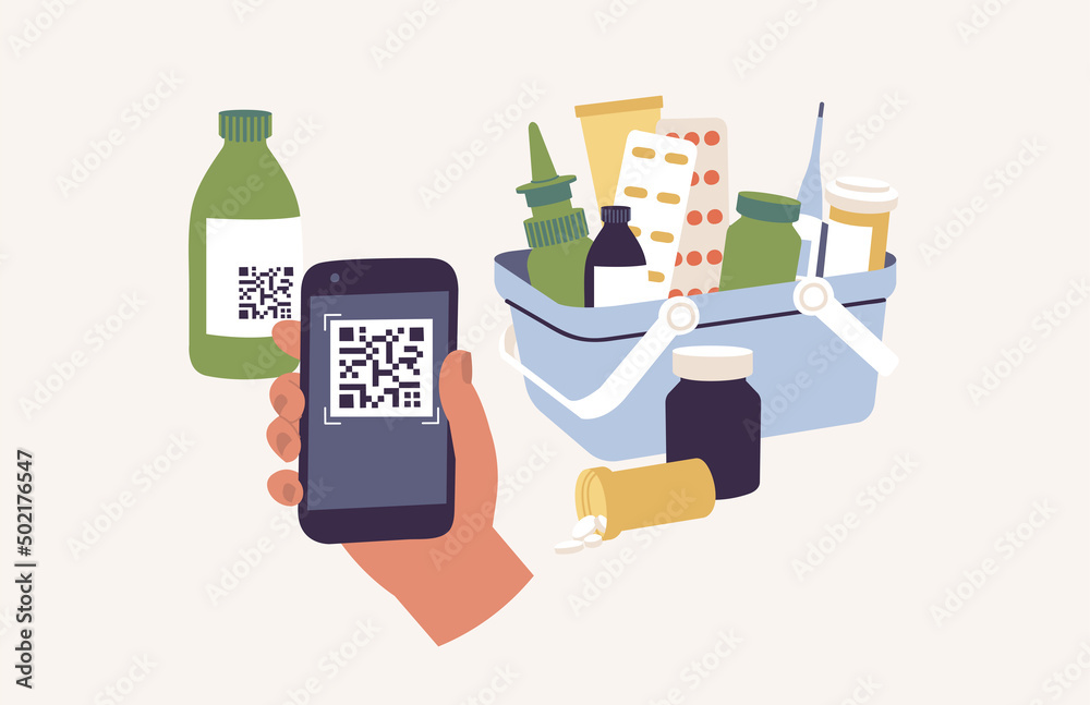 Vector illustration hand holding mobile phone code scanner or reader ...
