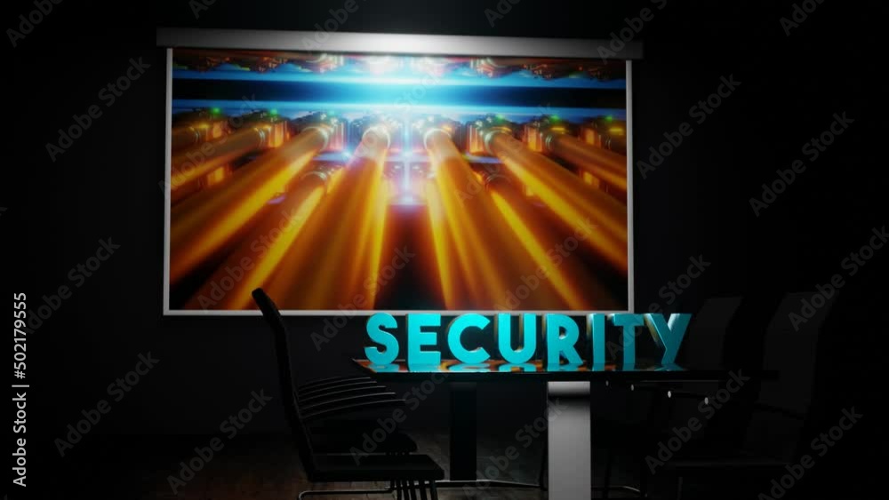 3D security text on boardroom table and internet data server rack ...