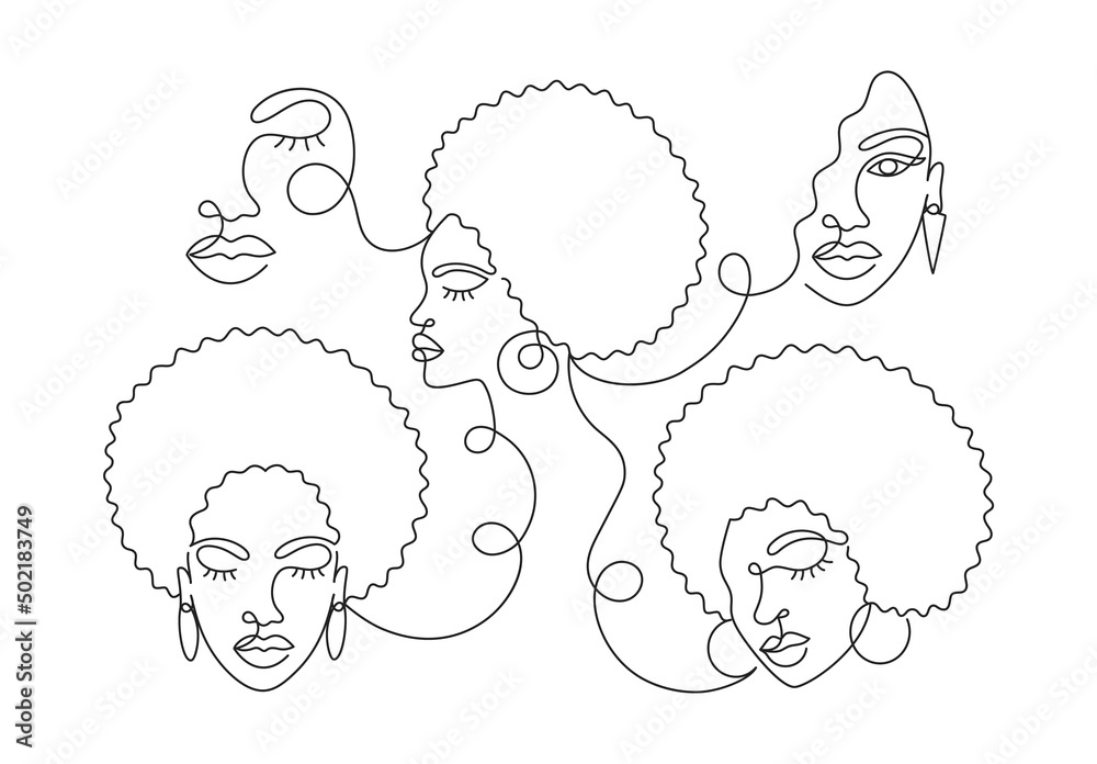 Face of an Afro American woman in a modern abstract minimalist one line ...
