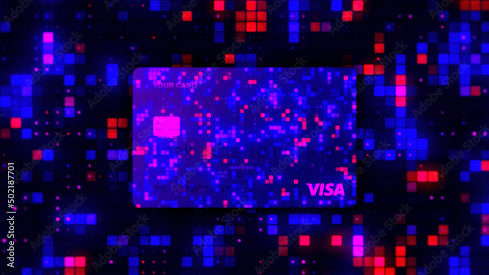 Abstract flying credit cards on the background of flickering small rows ...