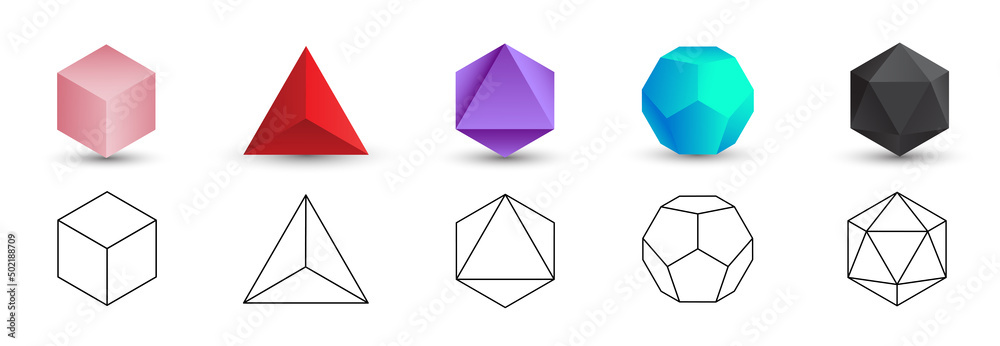 Set of colorful vector editable 3D platonic solids isolated on white ...