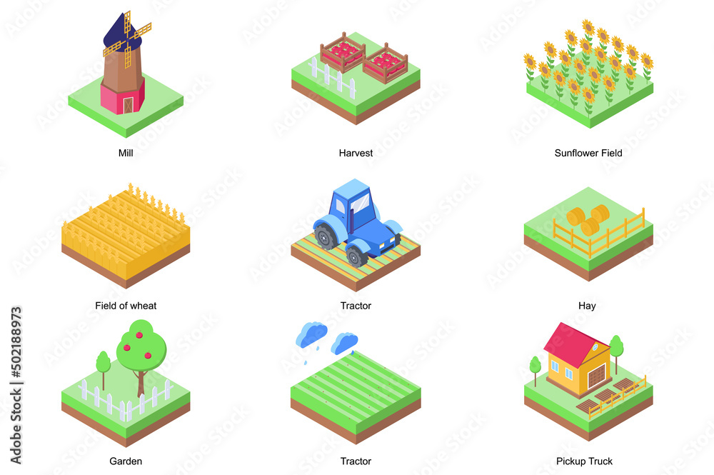 Agricultural farm concept 3d isometric icons set. Pack elements of mill ...