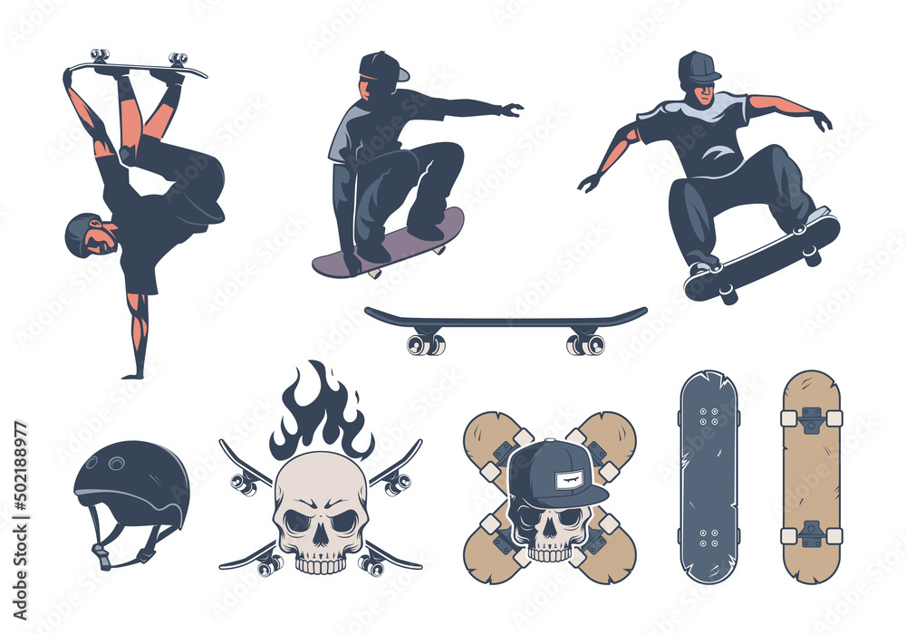 Skateboard badges. Monochrome pictures with skate action extreme ...