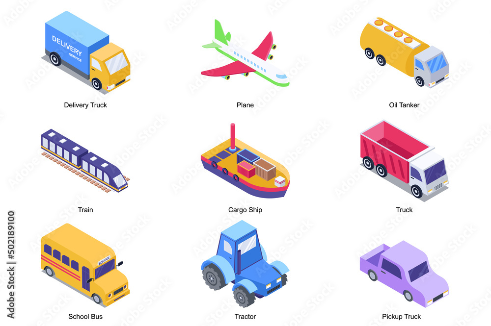 Transport concept 3d isometric icons set. Pack elements of delivery ...