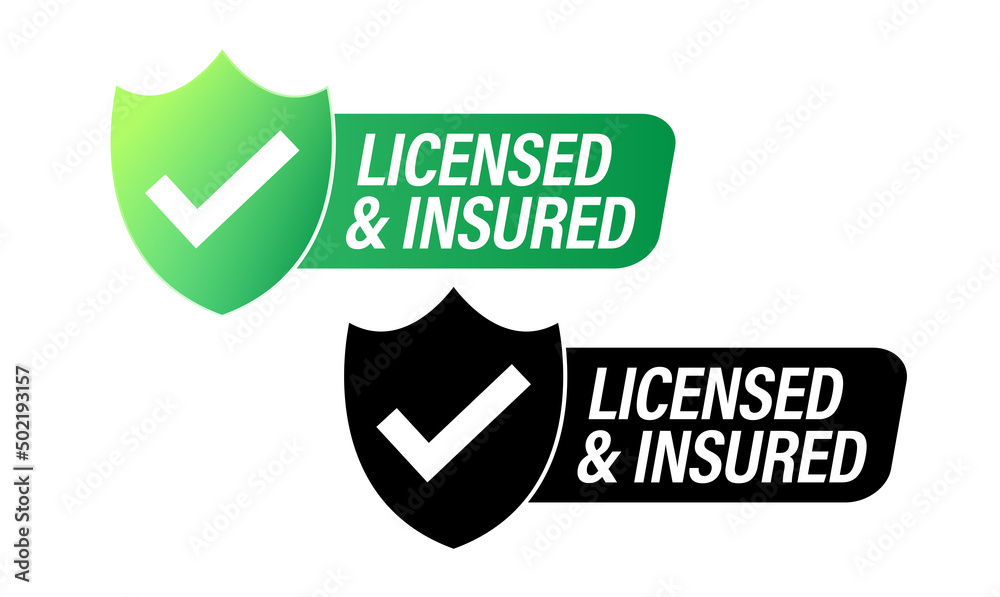 industrial abstract. licensed and insured vector icon with tick mark ...