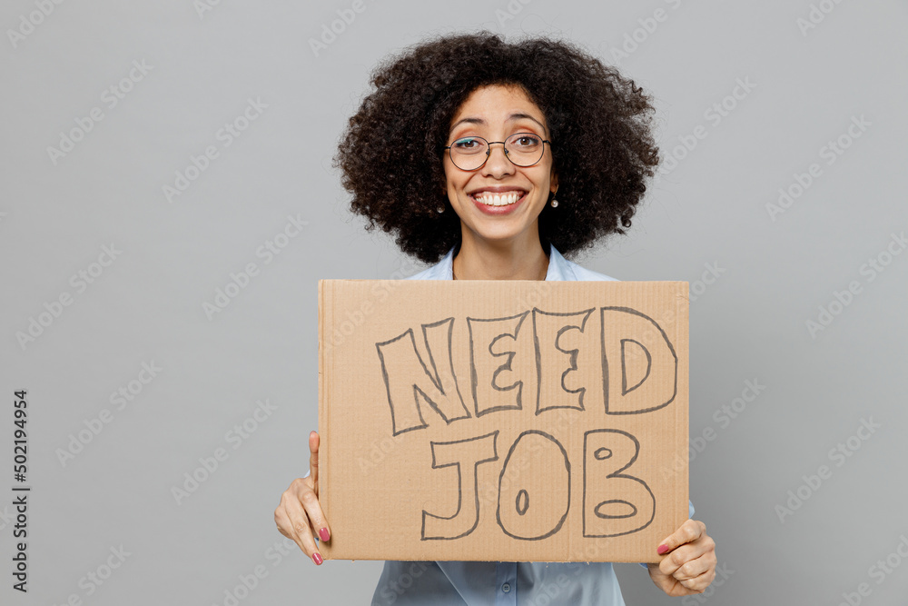 Young smiling fun employee business corporate lawyer woman of African American ethnicity in ...