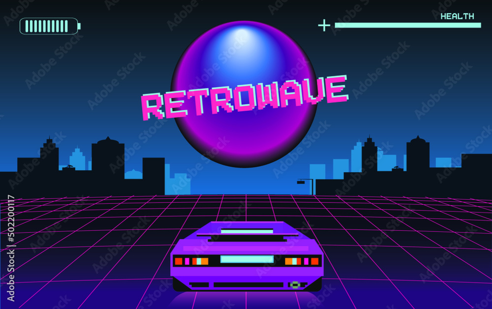 80s retrowave background, 3d vector illustration. Retro video racing ...