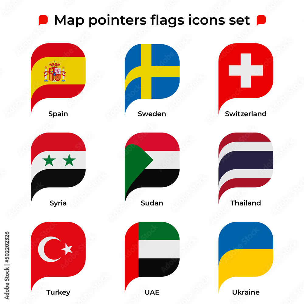 Map pointers flags icons set. Flag icon in simple rectangular pointer shape. Vector icon, symbol ...