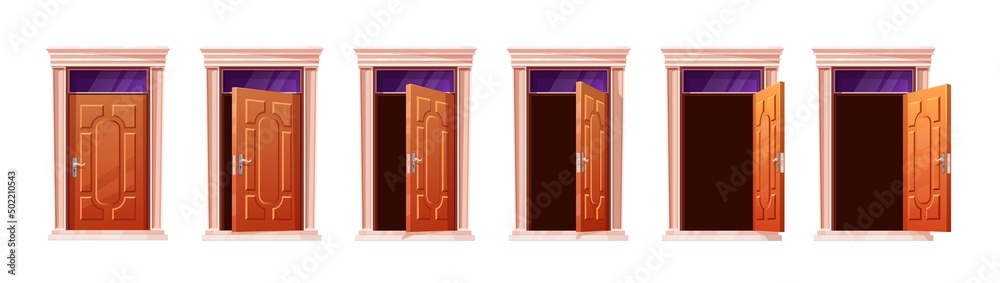 Door animation. Cartoon doors motion open entrance home, game wooden ...