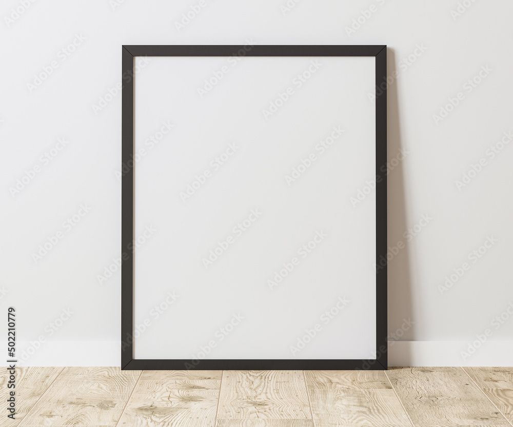 Blank Vertical black frame on wooden floor with white wall, 4:5 ratio ...