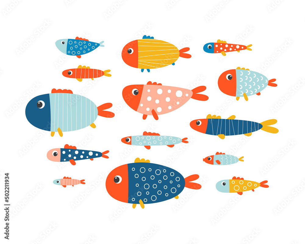 Cartoon fish set. Colorful marine collection. Cute hand-drawn ...
