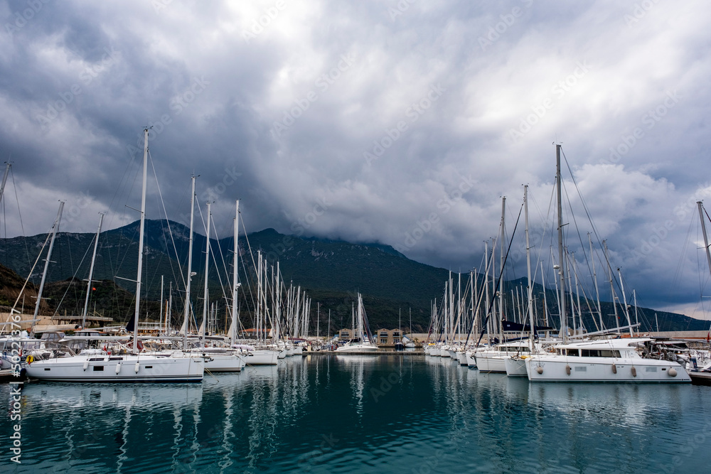 Beautiful cloudy sky and sea view. Luxury yacht boat marina at Datca in ...