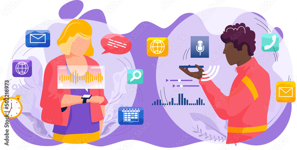 Voice assistant. Smart speaker virtual assistant, sound robot, people ...