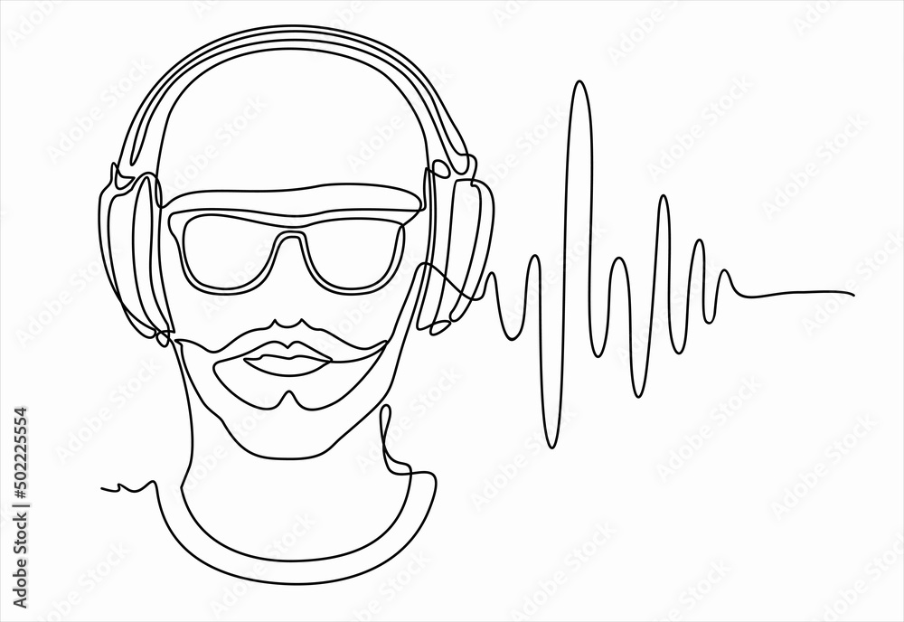 continuous line drawing of man listening music in headphones wuth sound ...