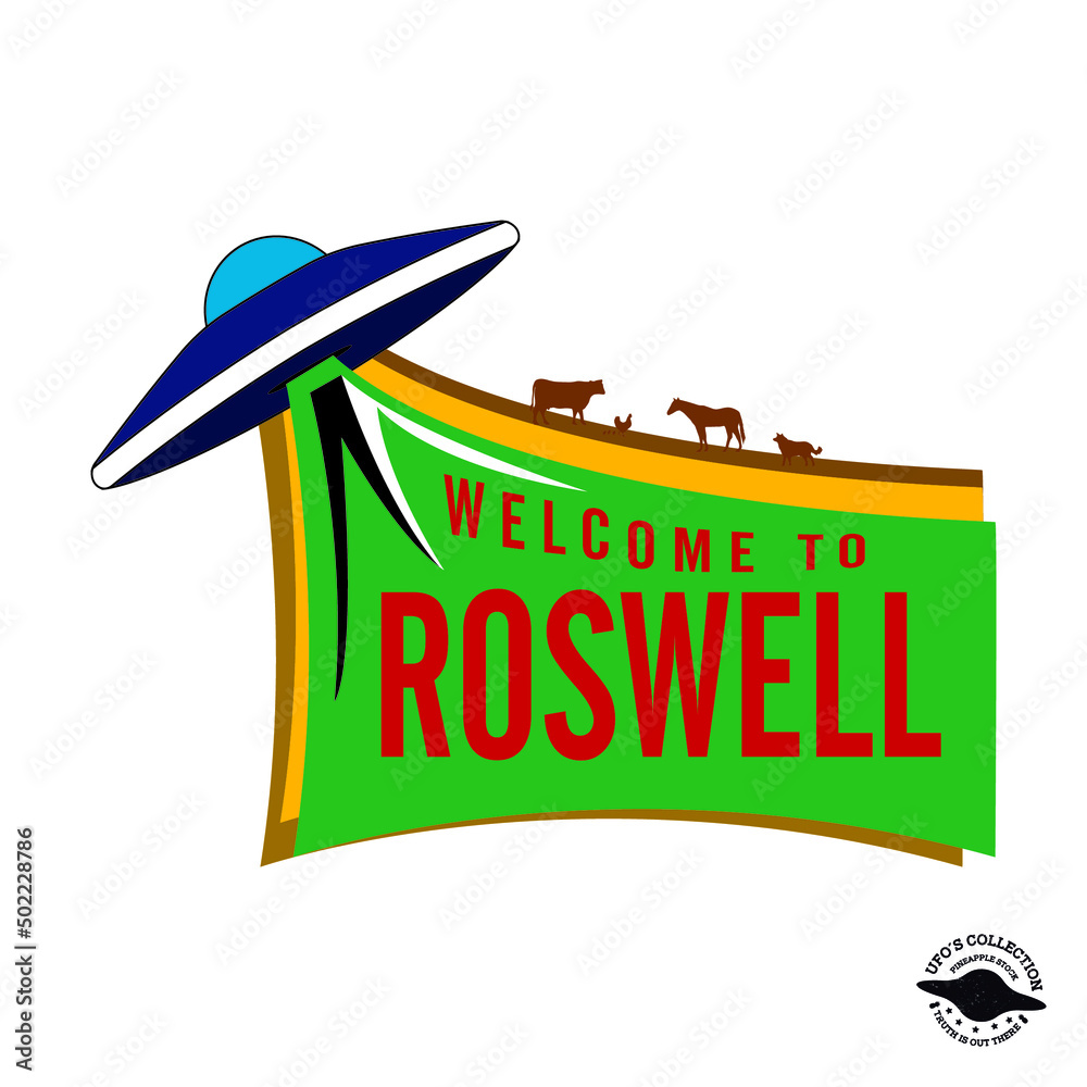 Green sign, welcome roswell, flying saucer, farm, animals, alien ...
