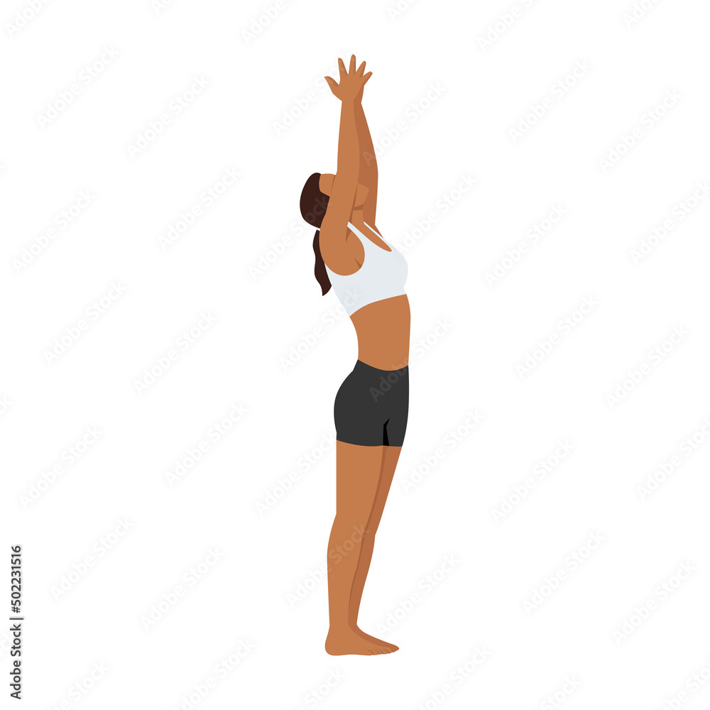Woman doing Upward salute pose urdhva hastasana exercise. Flat vector ...