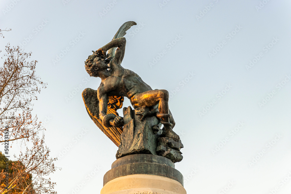 Madrid, Spain. The Fuente del Angel Caido (Monument of the Fallen Angel ...