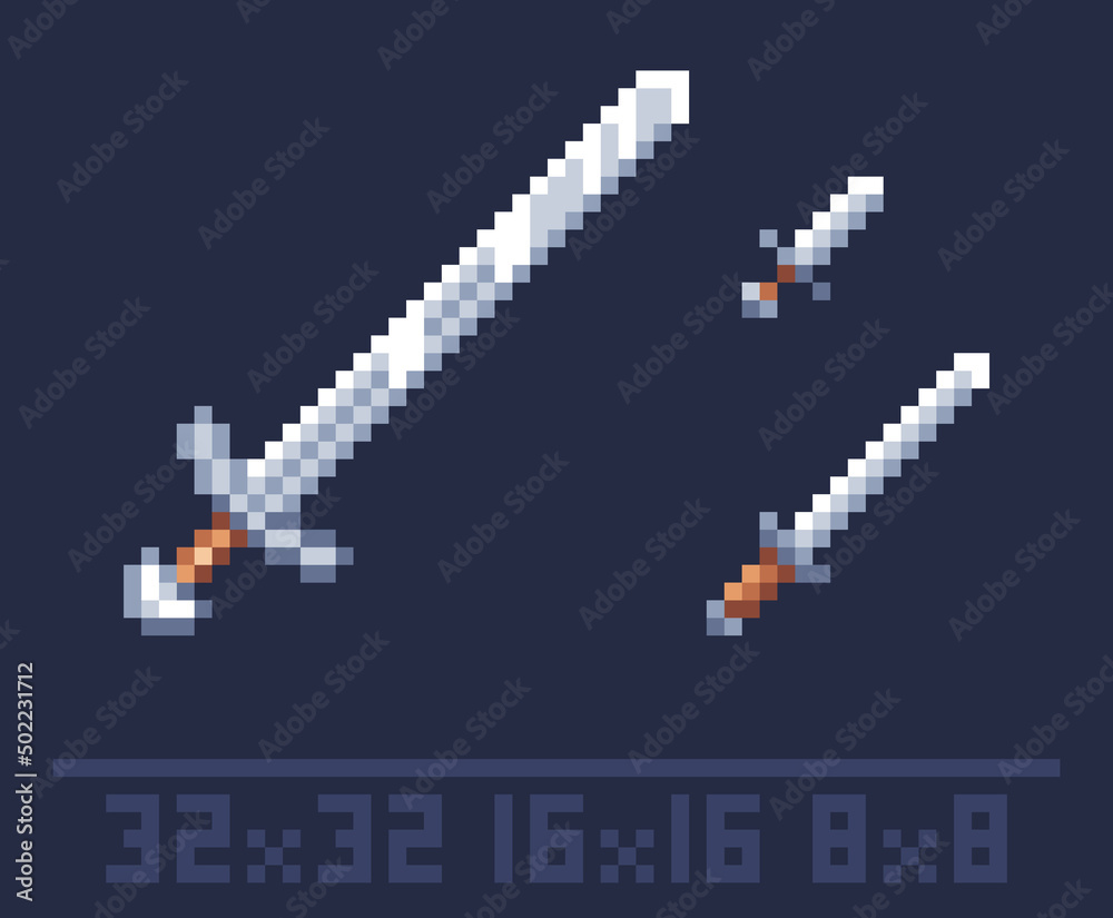 Pixel art sword icon for rpg, sandbox games. Resolution 32x32, 16x16 ...