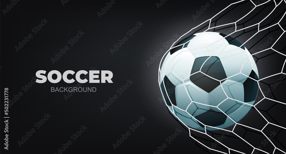 Soccer ball in goal net with black background. Realistic football in ...