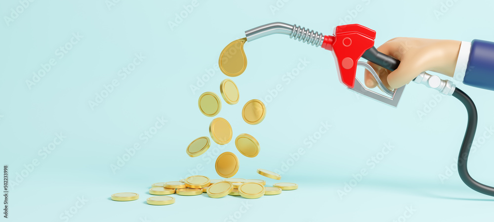Stream of gold coins pours from the fuel handle pump nozzle with hose ...