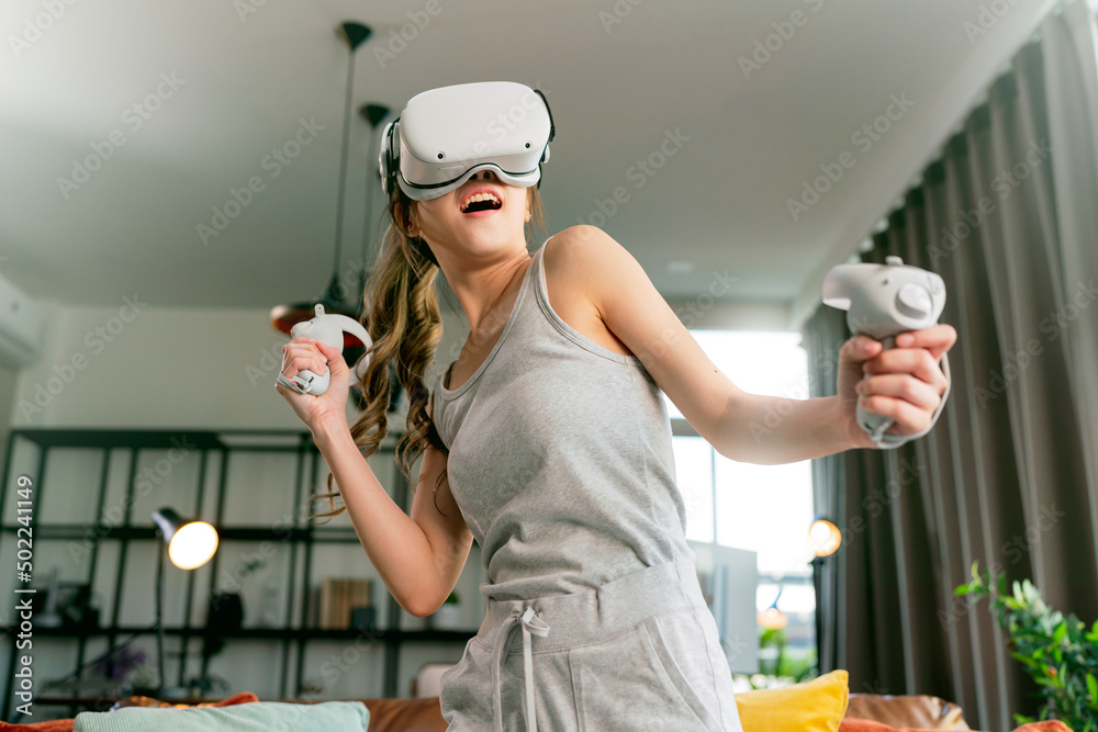 exitied enjoy 3d virtual gaming futuristic experience young asian ...