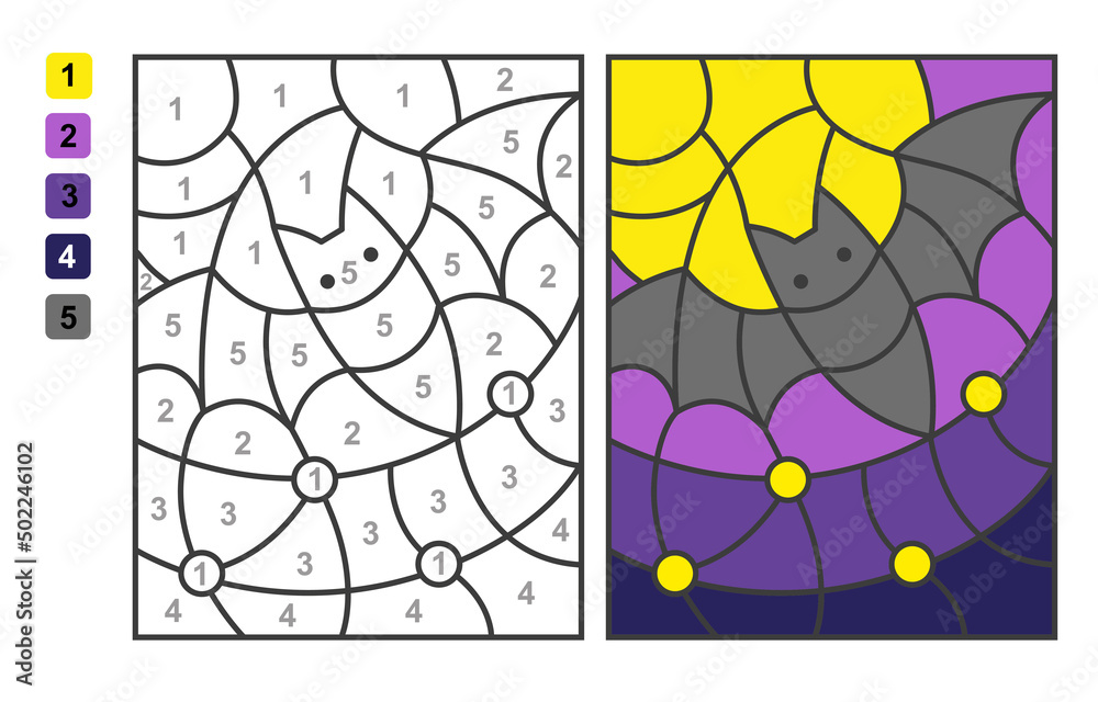 Vector coloring page Color by numbers halloween vampire bat. Puzzle ...