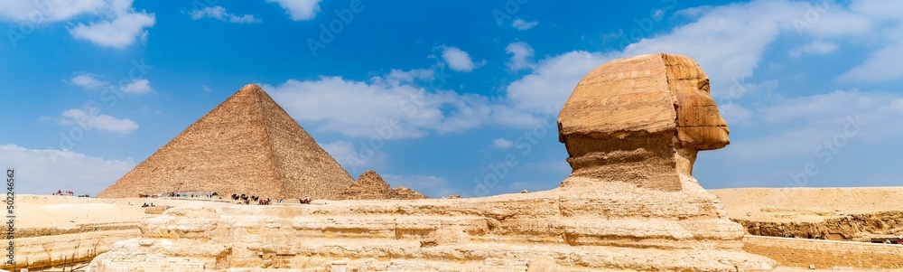 Panoramic photograph of the Sphinx of Giza whose back is dominated by ...